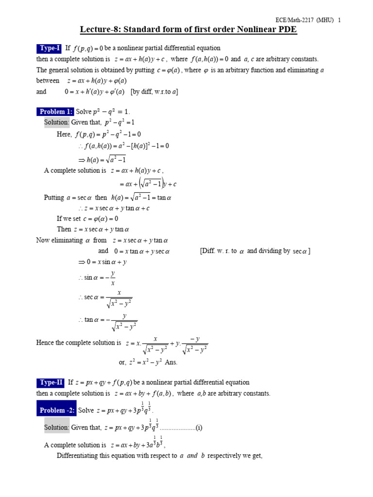 Lecture-8 Standard Form of 1st Order Nonlinear PDE | PDF | Nonlinear ...
