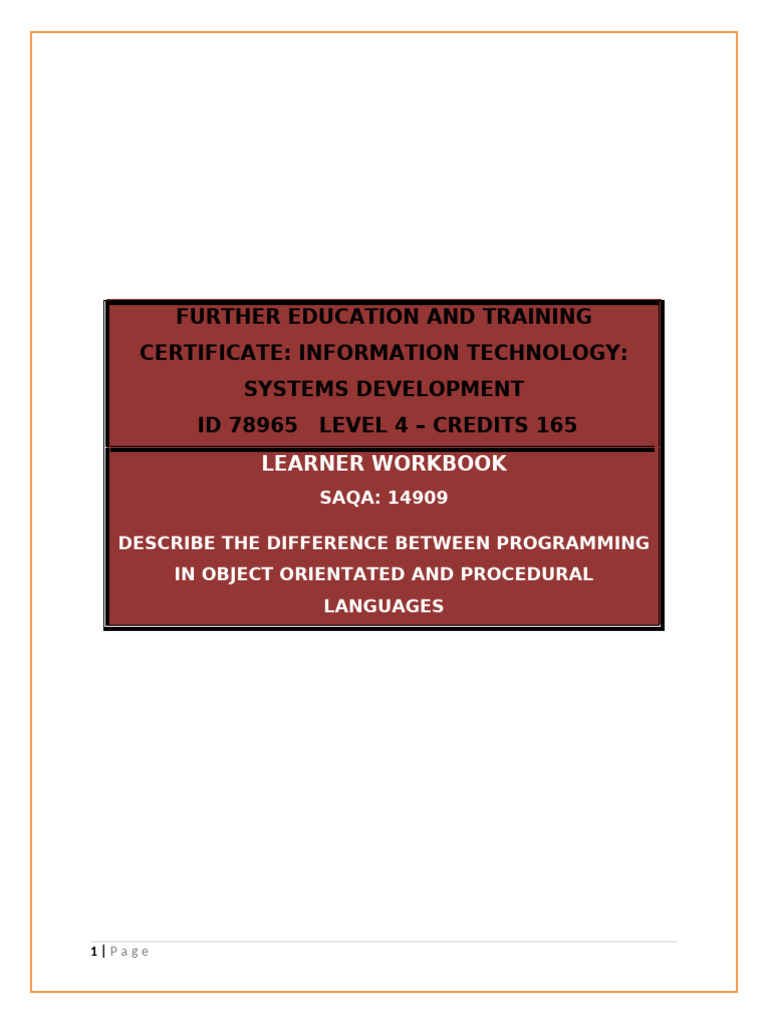 SAQA - 14909 - Learner Workbook | PDF | Object (Computer Science) | Object Oriented Programming