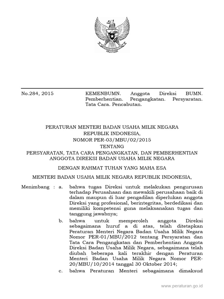 Bumn Per 03 Mbu 02 2015 | PDF | Bisnis | Hukum