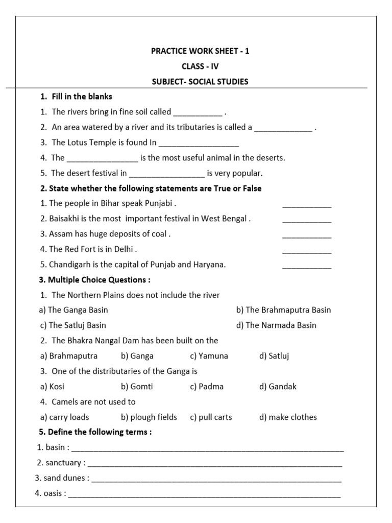 CBSE Class 4 Social Studies Worksheet - Revision | PDF | Geomorphology ...