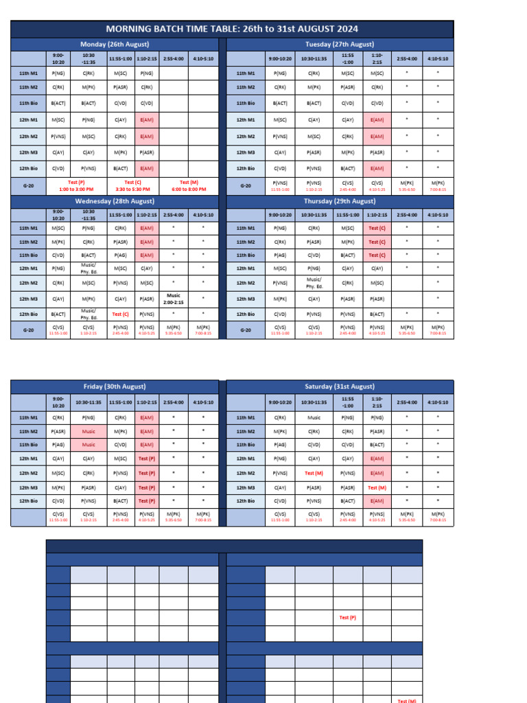 Timetable 26th 31st August 1 | PDF | Science & Mathematics