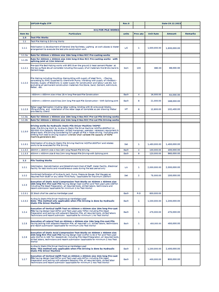 Pile Works Cost Estimate for 2024-2025 | PDF | Deep Foundation | Concrete