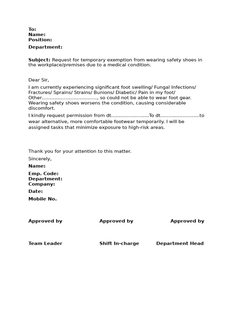 Safety Shoes Exemption Request Letter | PDF | Career & Growth | Business