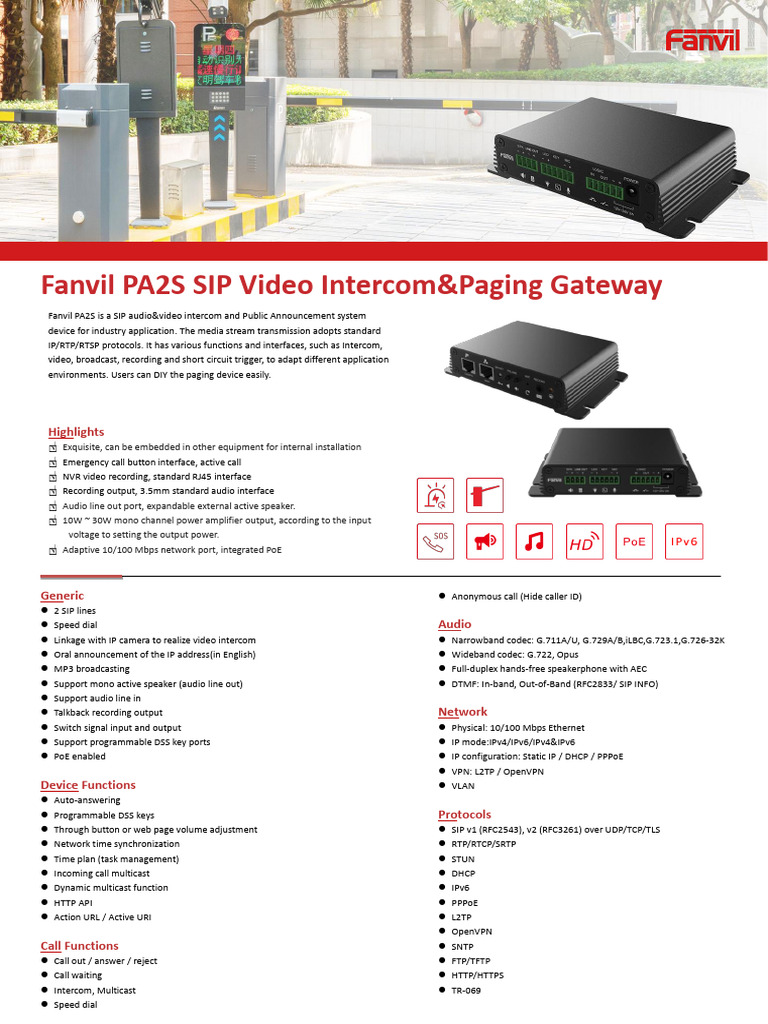 Fanvil PA2S-V1 Datasheet | PDF | Port (Computer Networking) | Session Initiation Protocol