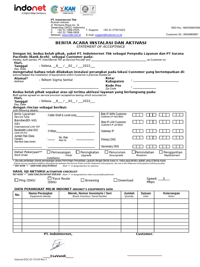 1649131427467-Indonet DOC SC TO 09 Berita-Acara-Instalasi-&-Aktivasi-Layanan Rev.0 | PDF