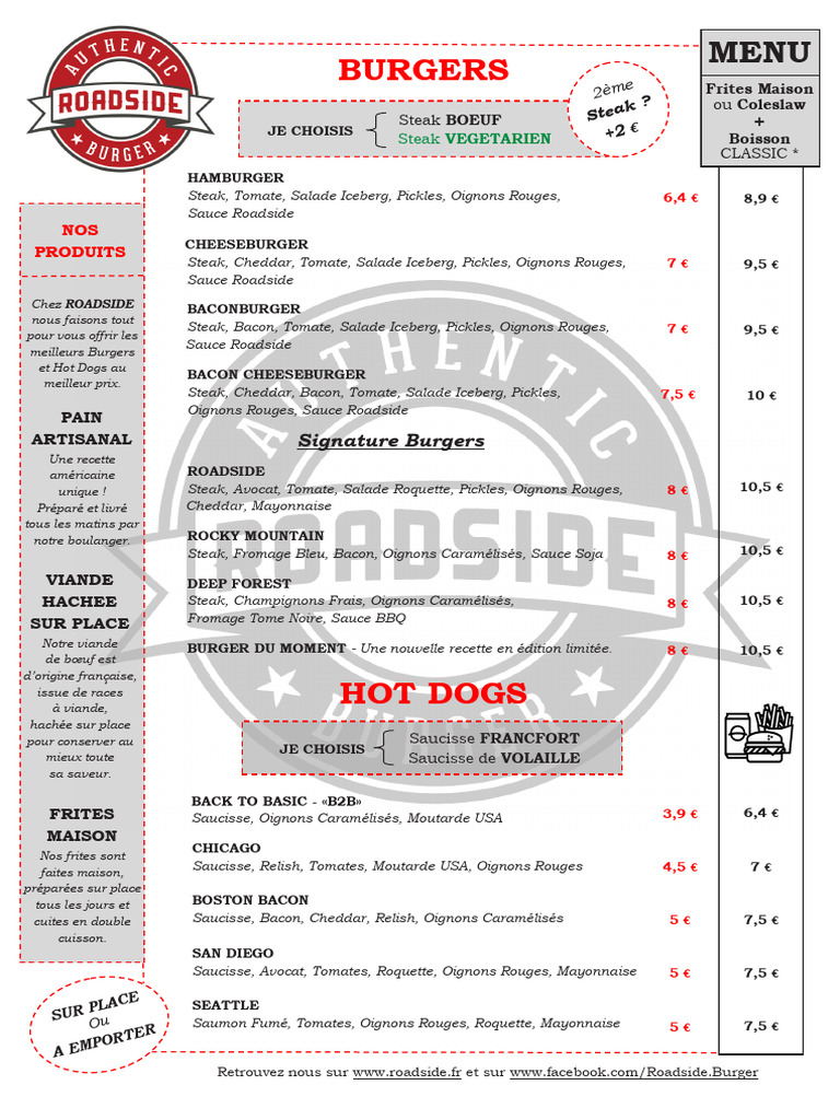 Menus Burgers et Hot Dogs Roadside | PDF | Hamburgers | Cuisine