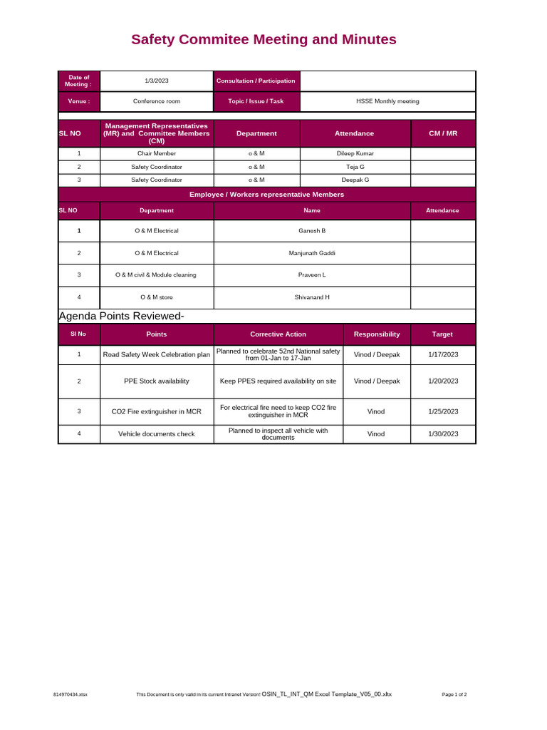 OSIN TL INT Safety Commitee Metting 01-03-23 | PDF | Safety