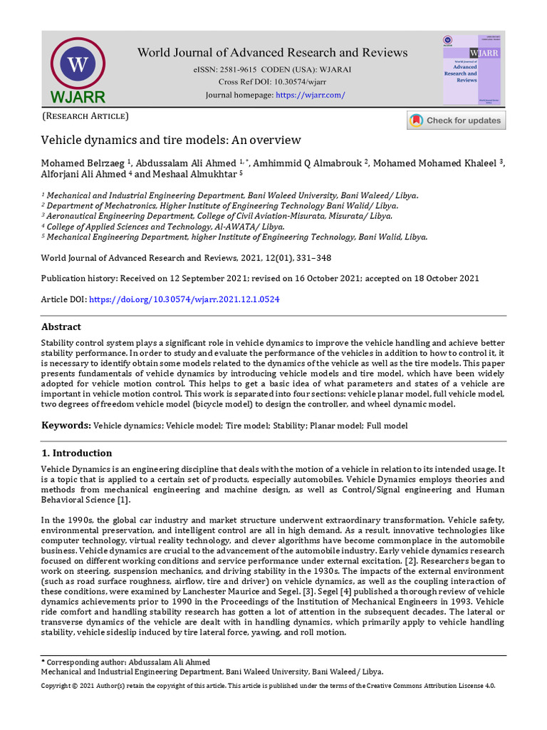 Vehicle Dynamics and Tire Models An Over | PDF | Cartesian Coordinate ...