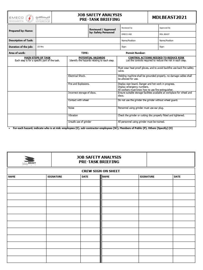 03 Welding, Cutting, Grinding JSA | PDF | Hazards | Workplace