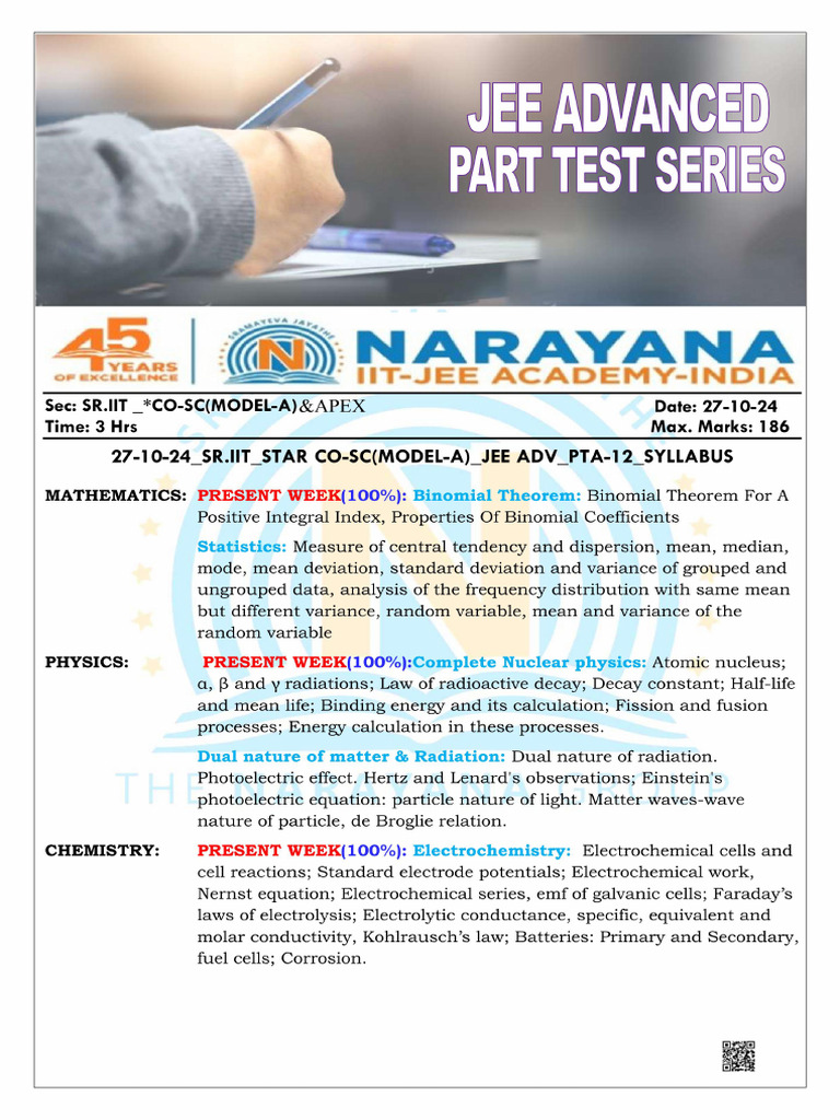 27-10-24 - SR - Iit - Star Co-Sc (Model-A) &apex - Jee Adv - 2019 (P-I) - Pta-12 - QP | PDF