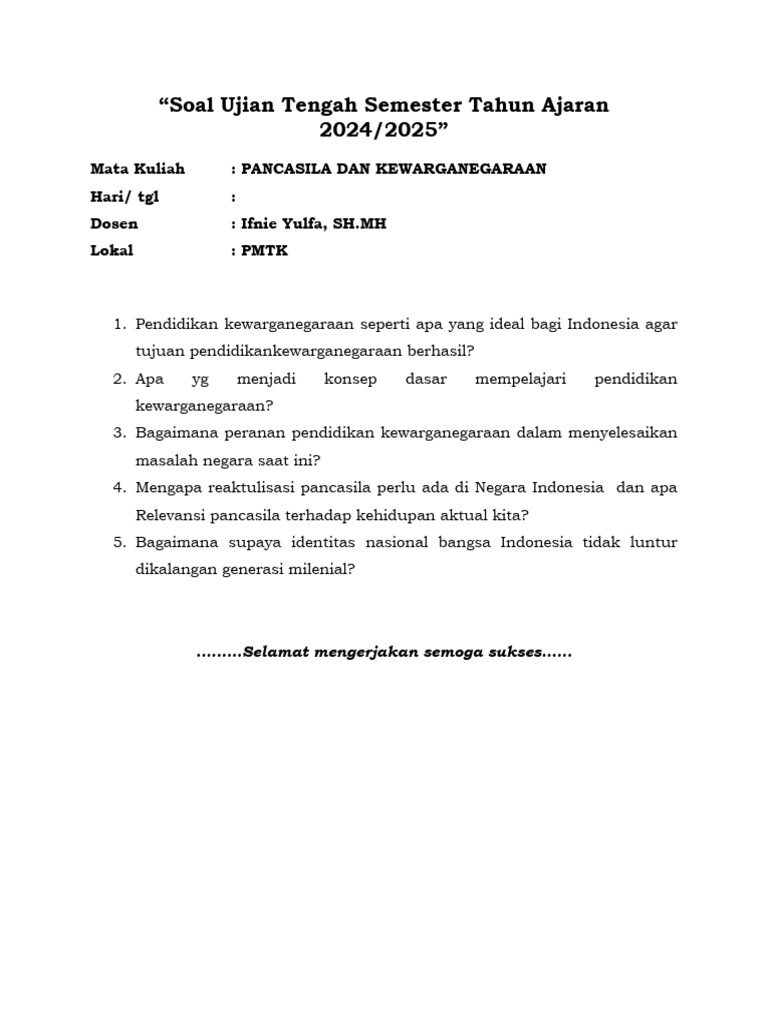 Soal Uts Pancasila Dan Kewarganegaraan | PDF