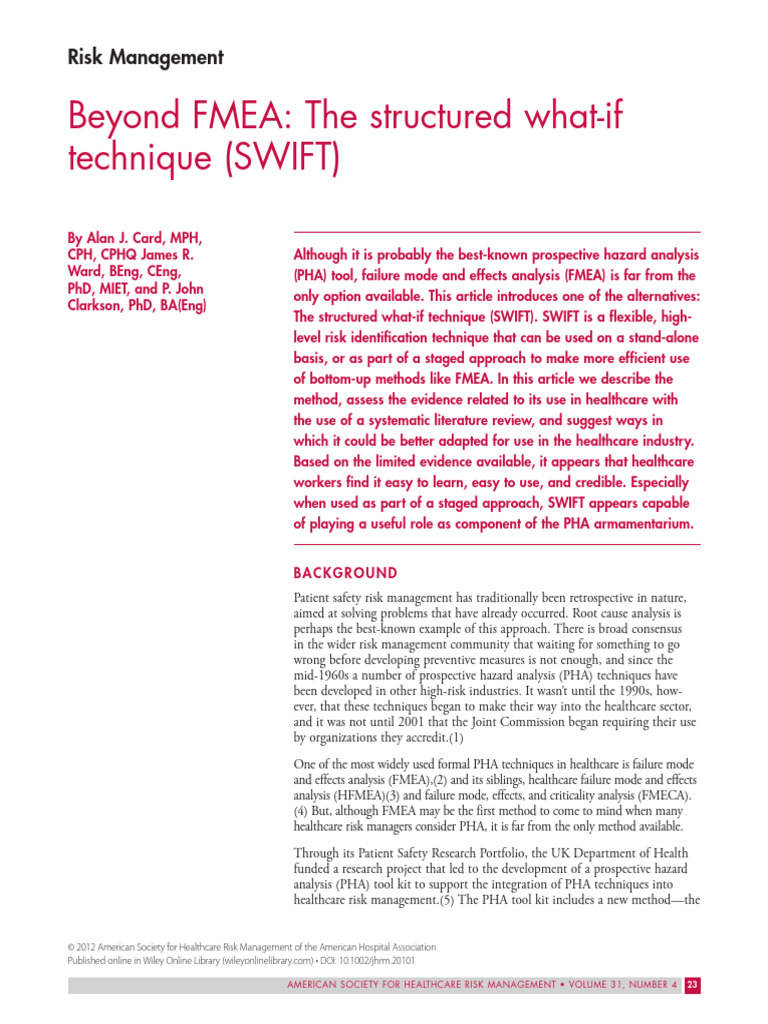 Beyond FMEA: The Structured What-If Technique (SWIFT) | PDF | Risk | Safety