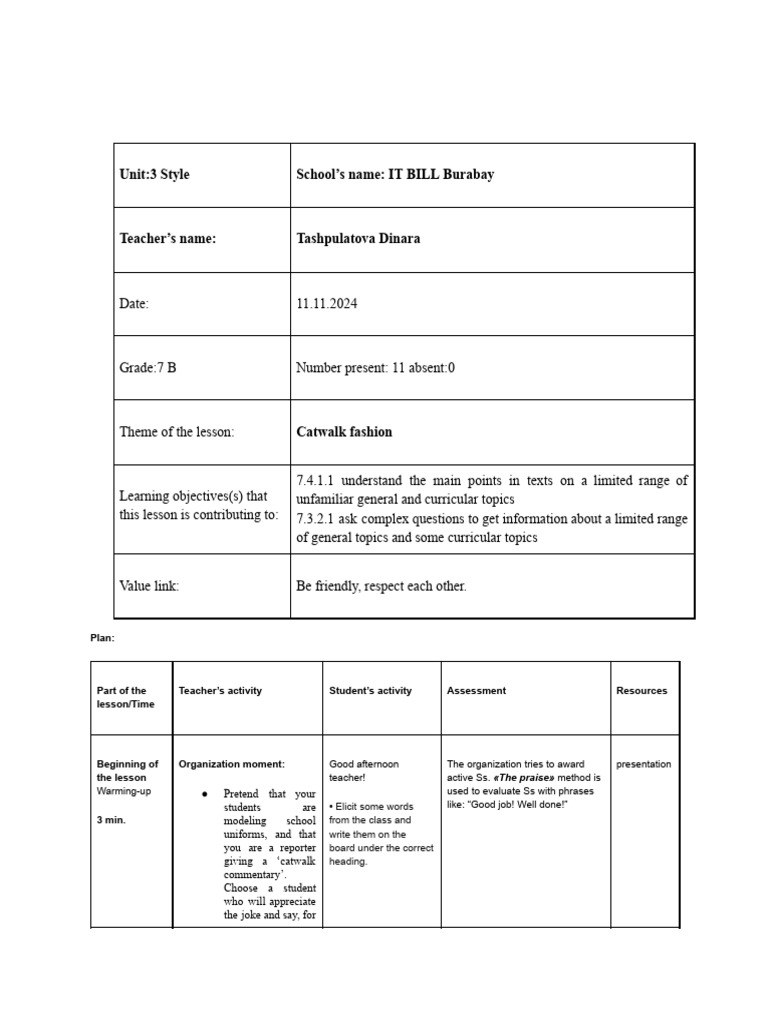 7b Lesson Plan 11.11.2024 | PDF | Linguistics
