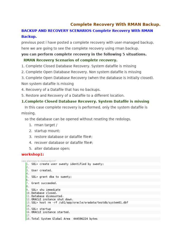 Complete Recovery With RMAN Backup | PDF | Databases | Backup