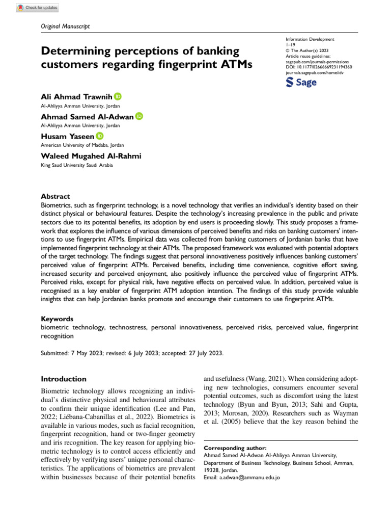 Trawnih Et Al 2023 Determining Perceptions of Banking Customers Regarding Fingerprint Atms | PDF ...
