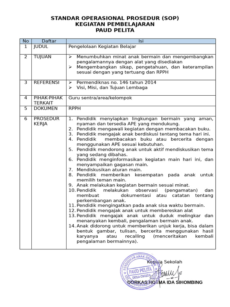 Sop Paud Pengelolaan Kegiatan Belajar | PDF