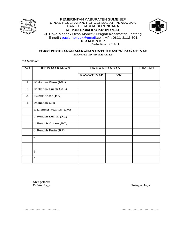 Form Pemesanan Makanan Pasien | PDF