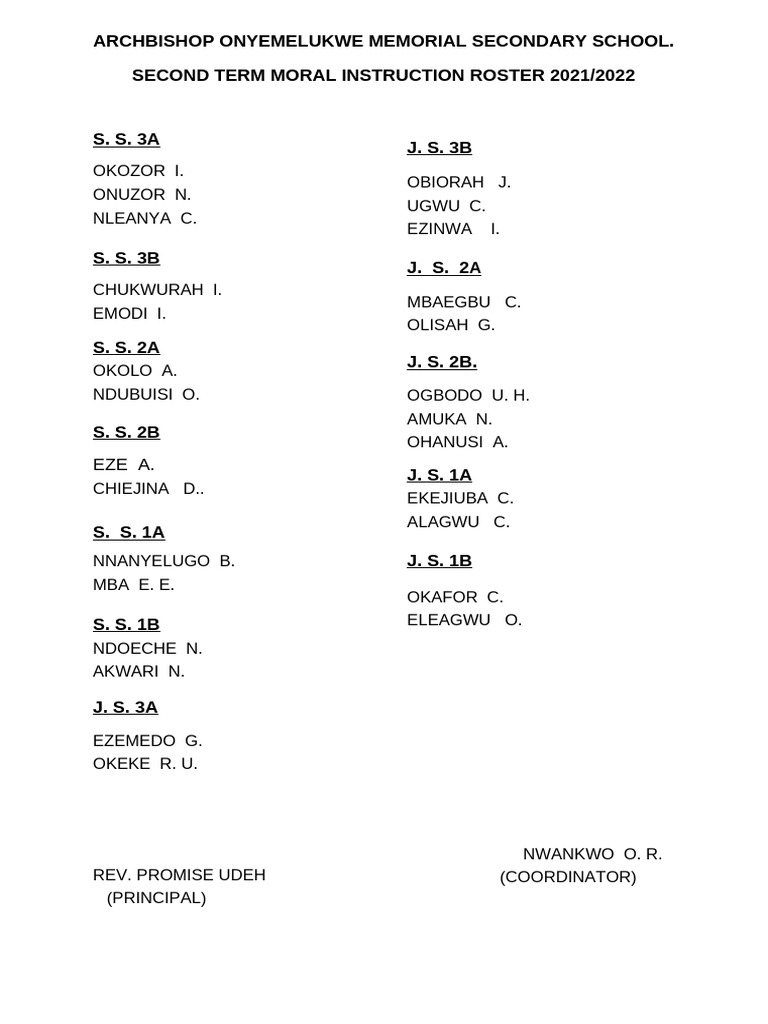 Moral Instruction Roster 2021/2022 | PDF