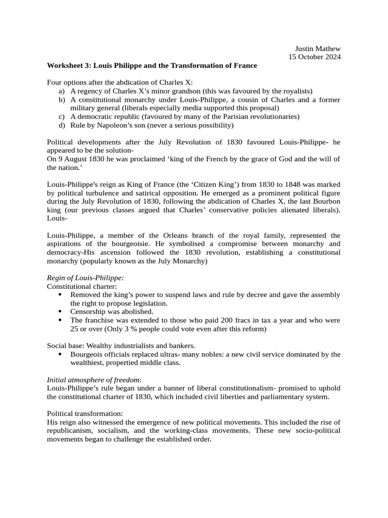 Worksheet 3 - Louis-Philippe | PDF | House Of Bourbon | France