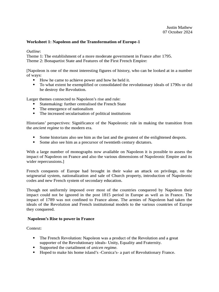 Worksheet 1 Napoleon | PDF | Napoleon | First French Empire