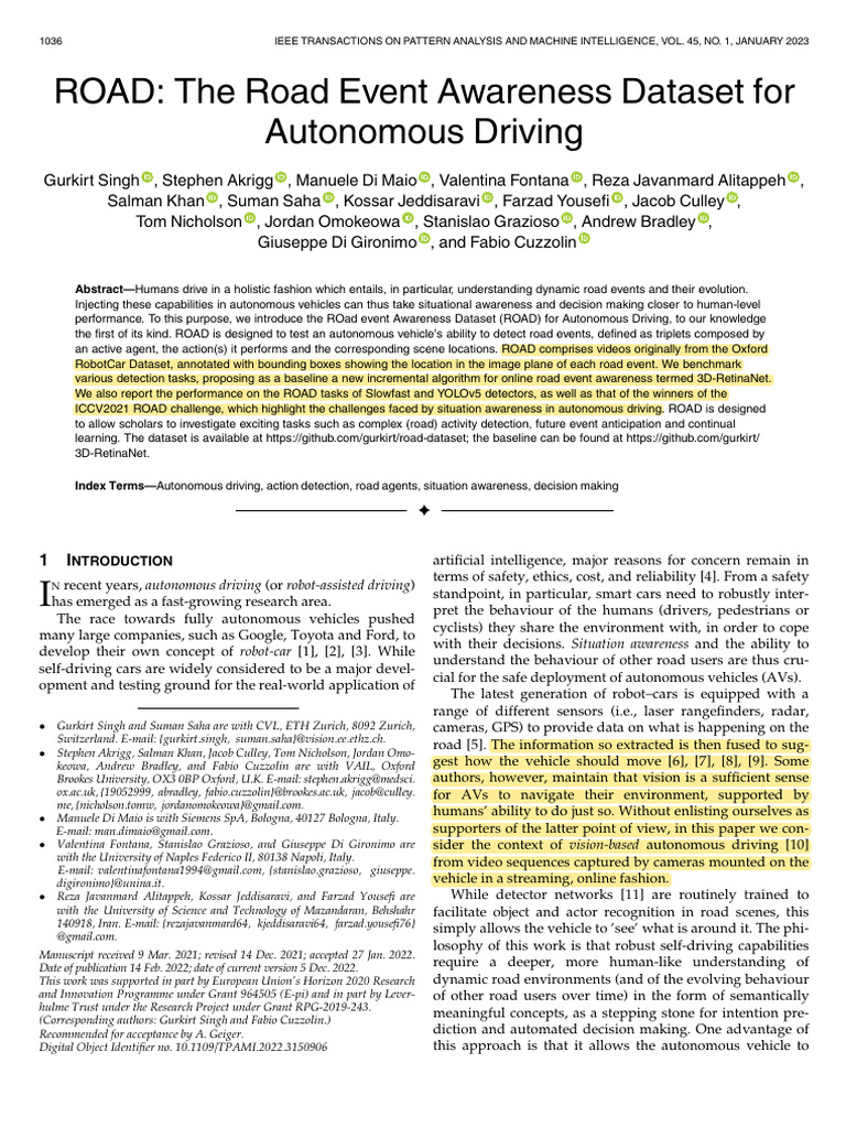 ROAD The Road Event Awareness Dataset For Autonomous Driving | PDF | Lidar | Artificial Intelligence