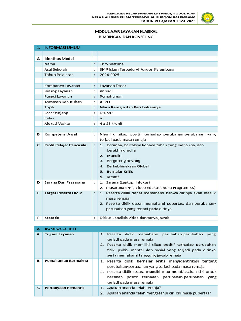 Modul BK Level 7. 01. Masa Remaja Dan Perubahannya | PDF | Pengembangan ...