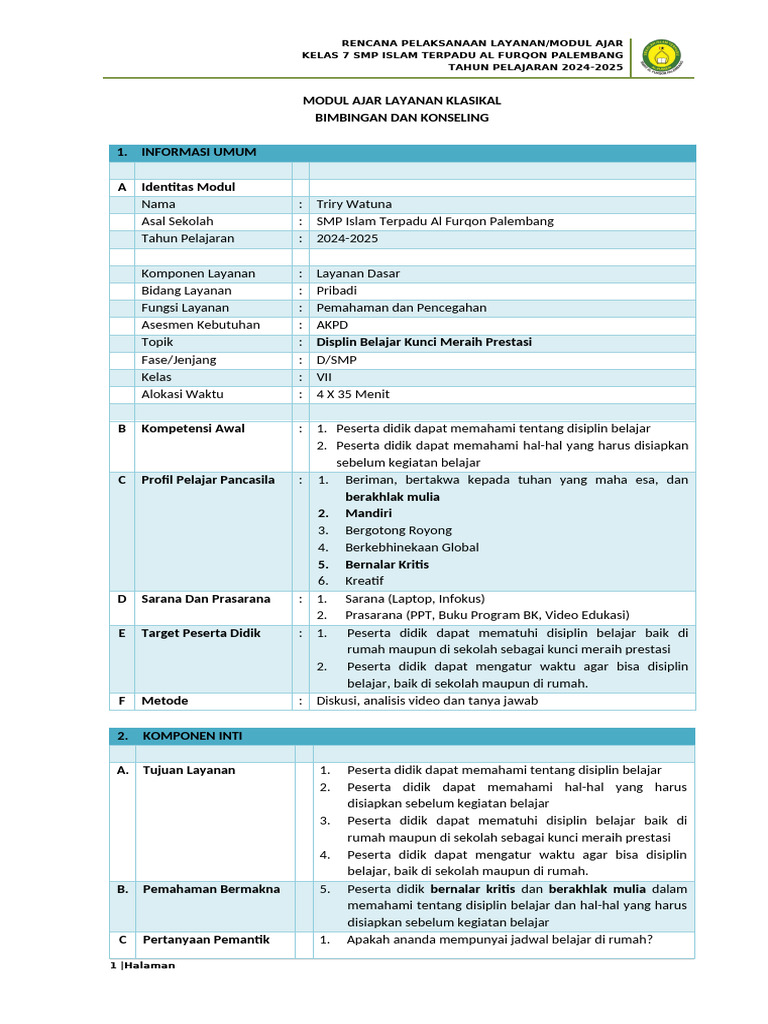Modul BK Level 7. 05. Displin Belajar | PDF