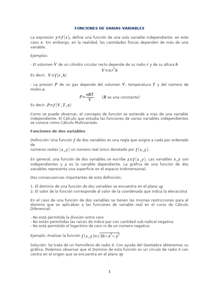 Funciones de Varias Variables | PDF | Variable (Matemáticas) | Función ...