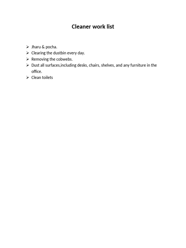 Cleaner Work Check List | PDF