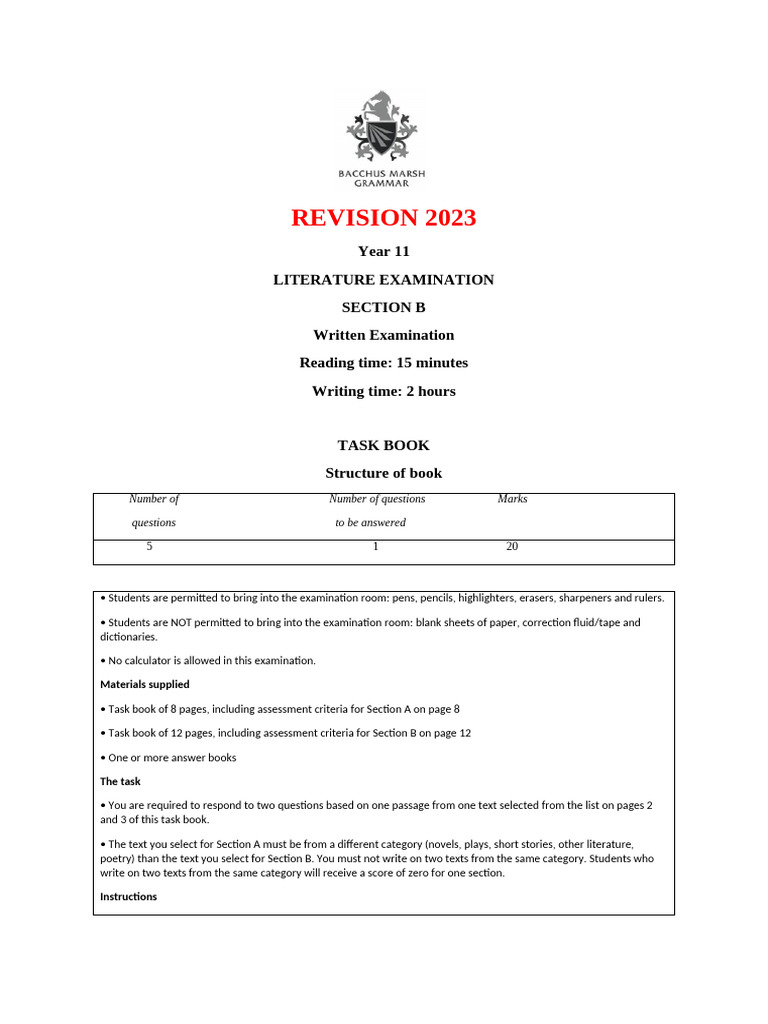 Year 11 Literature Exam Guidelines | PDF