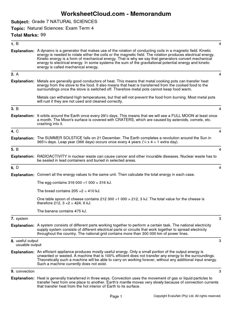 G7 Natural Sciences Term 4 Exam MEMO | PDF | Sun | Power Station
