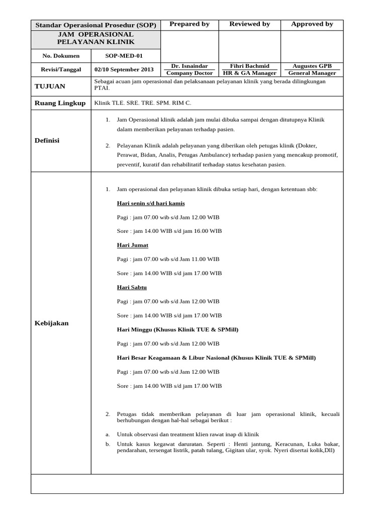 SOP MEDICAL 01 - Jam Operasional Klinik (Revised) | PDF | Pengembangan Diri | Kesehatan Holistik