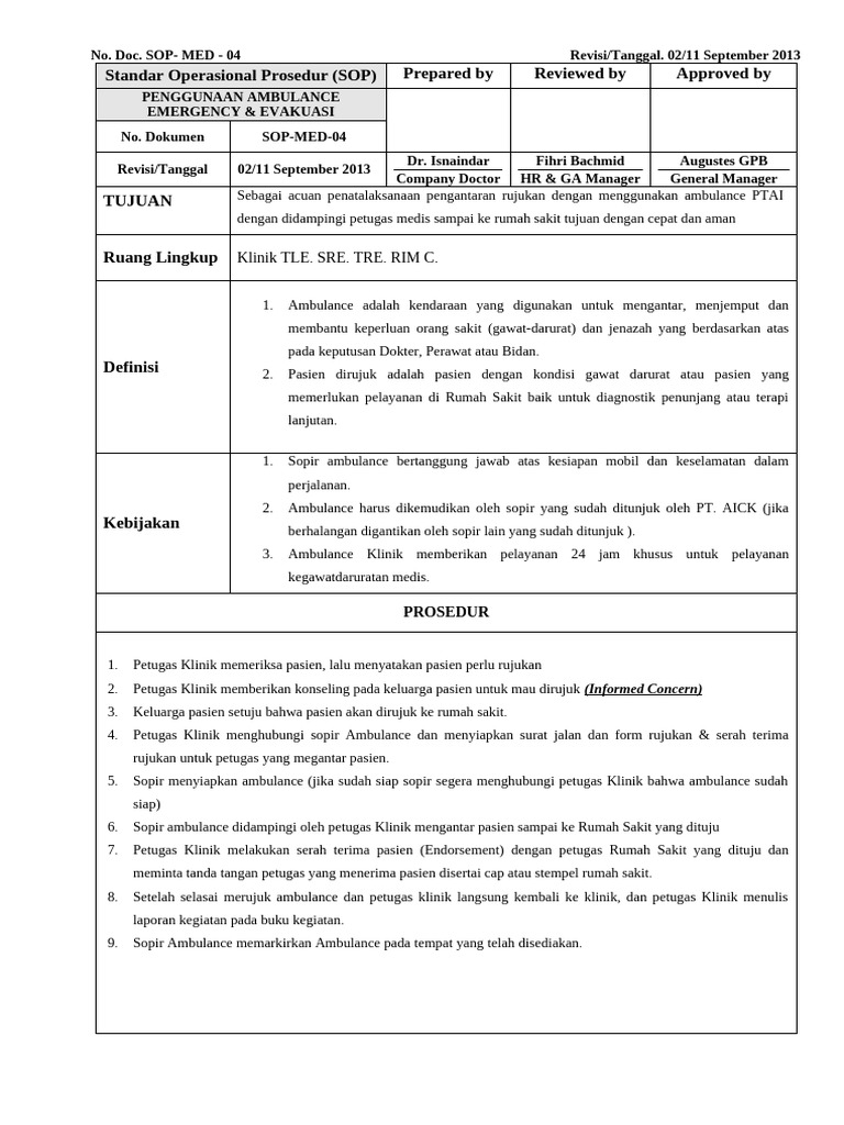 SOP MEDICAL 04 - Penggunaan Ambulance (Revised) | PDF