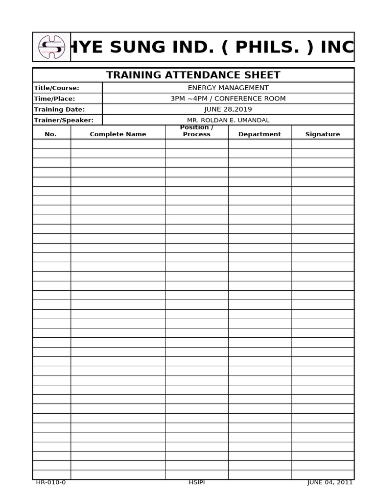 Print 2014 HR-010-0 Training Attendance Sheet | PDF | Waste