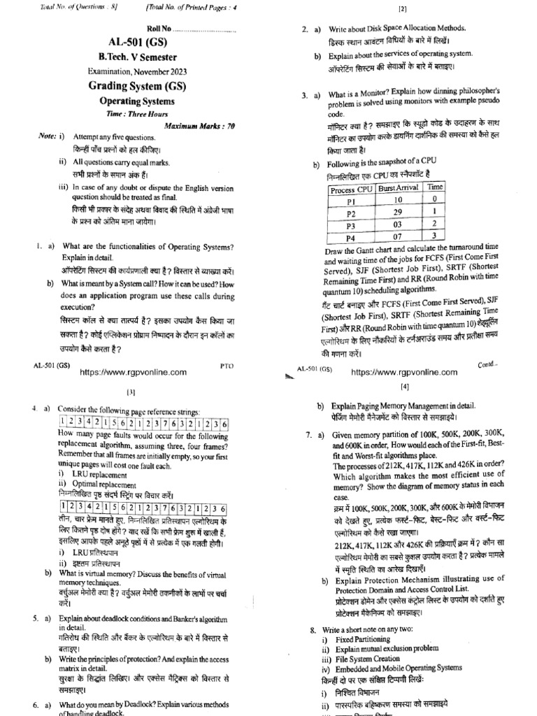 Al 501 Operating Systems Nov 2023 | PDF