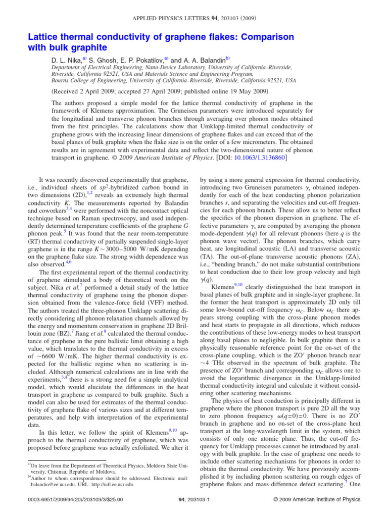 Lattice Thermal Conductivity of Graphene Flakes Comparison With Bulk Graphite | PDF | Graphene ...