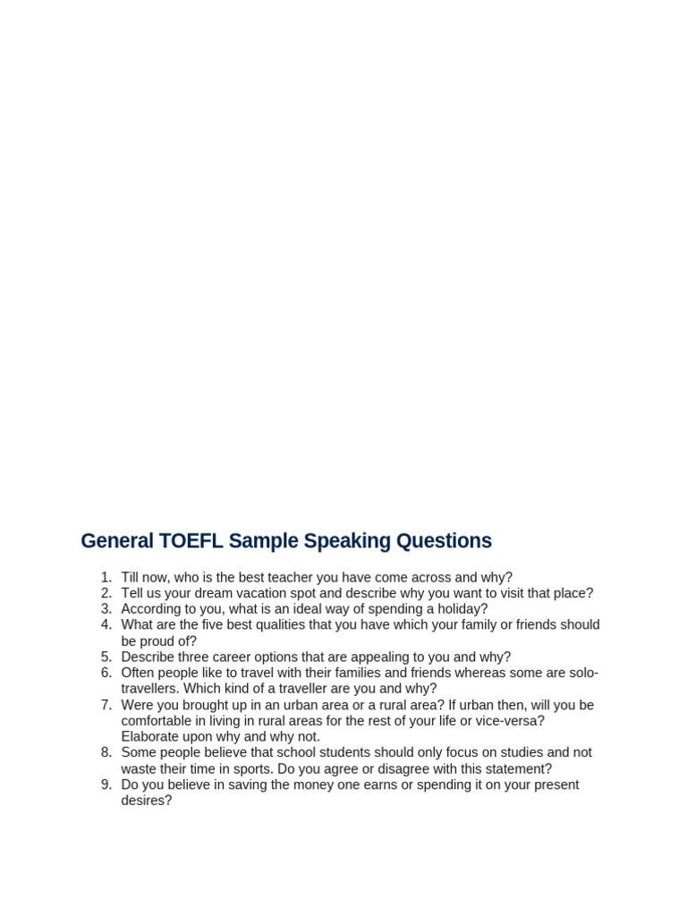 General TOEFL Sample Speaking Questions | PDF | Test Of English As A ...