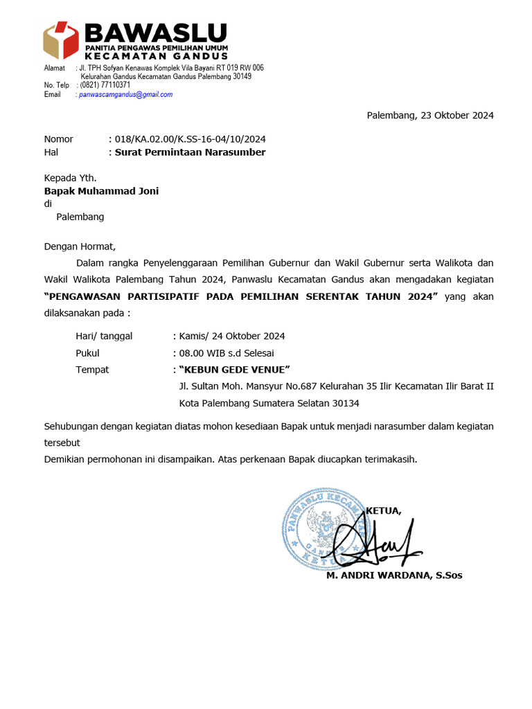 Surat Permintaan Narasumber - 24 Okt 2024 - Bpk. M. Joni | PDF