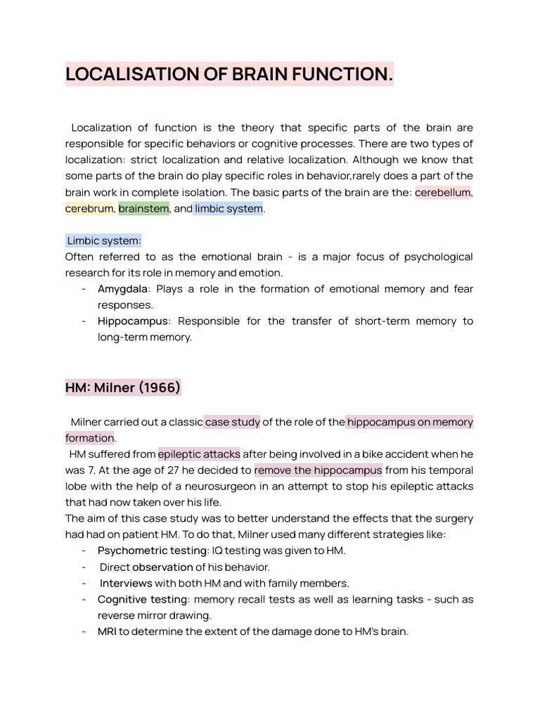 Localisation of Brain Function | PDF | Memory | Limbic System