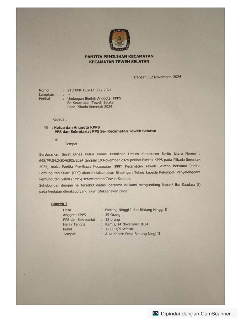 Undangan Bimtek Kpps Tesel Pilkada 2024 | PDF