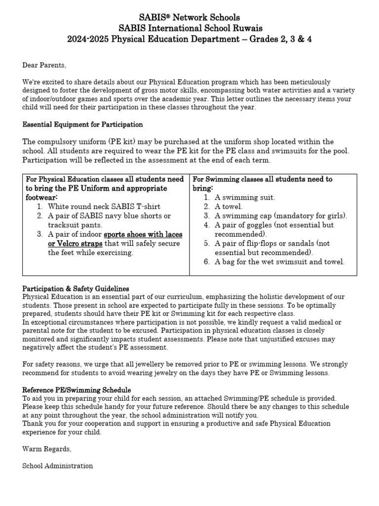 Letter For Parents Grades 2 To 4 PE Swimming 24-25 | PDF | Physical ...