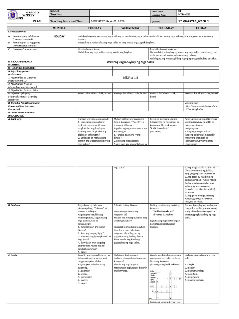 MTB3 DLL Q1 W1 | PDF