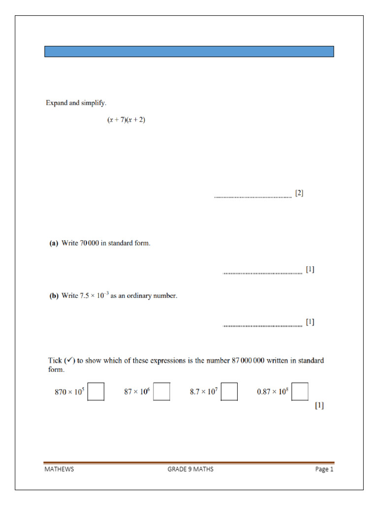 Maths Worksheet Grade 9 | PDF | Teaching Methods & Materials