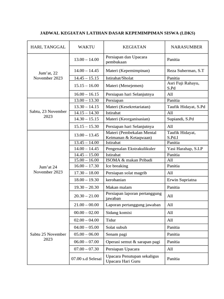 Jadwal Kegiatan LDKS | PDF