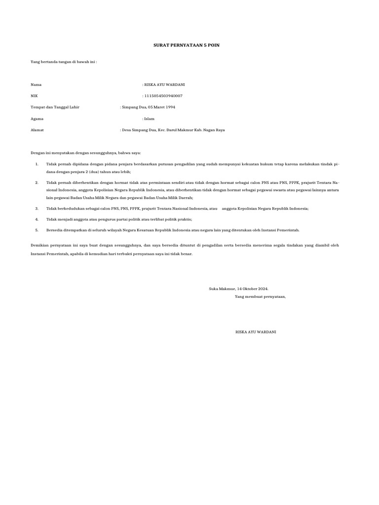 Surat Pernyataan 5 Poin Riska | PDF