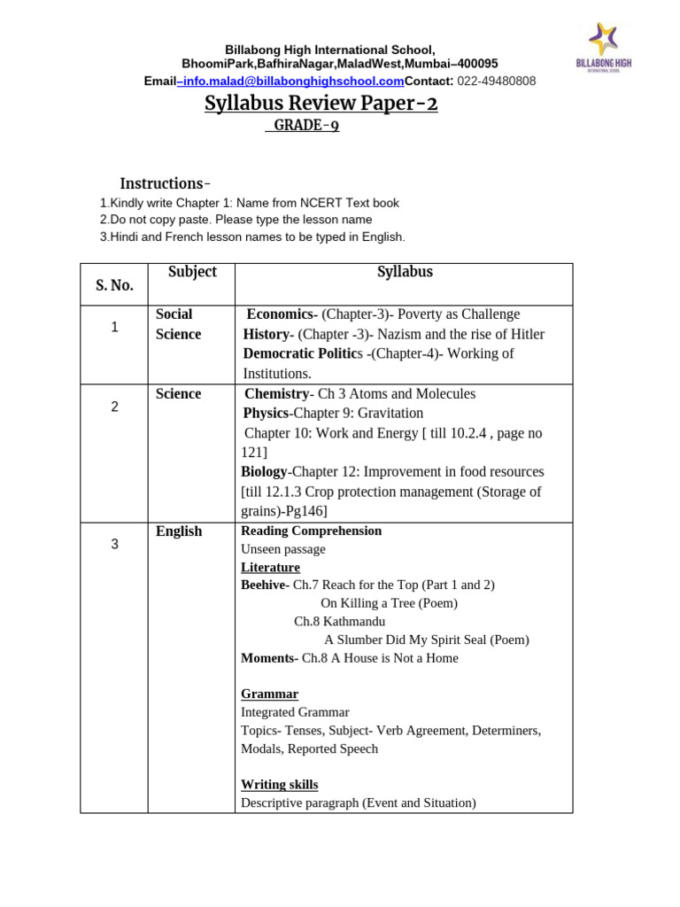 Grade - 9 Syllabus Review Paper-2 | PDF | Language Mechanics | Linguistics