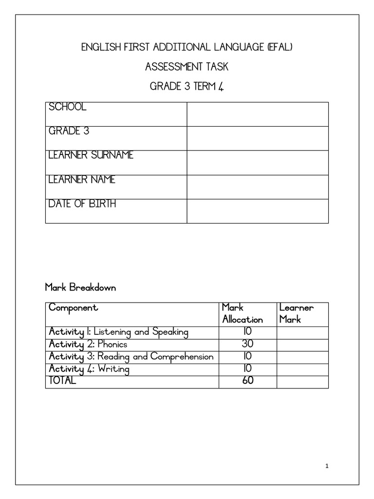 Assessment Task EFAL Grade 3 Term 4 | PDF