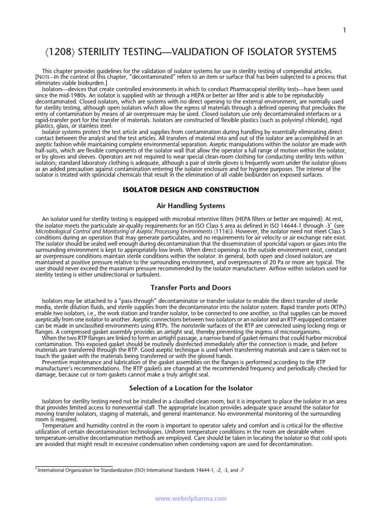 〈1208〉 Sterility Testing-Validation of Isolator Systems | PDF ...