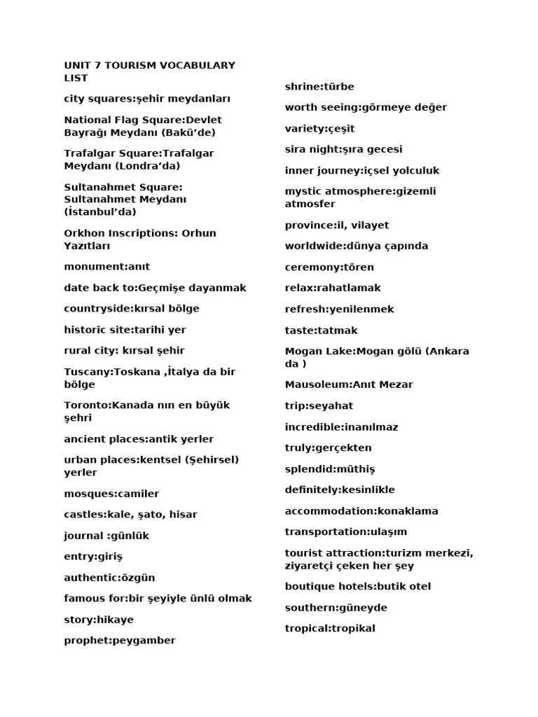 Unit 7 Tourism Vocabulary List | PDF