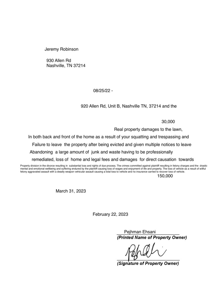 Trespass Notice and Damage Demand | PDF | Damages | Trespass